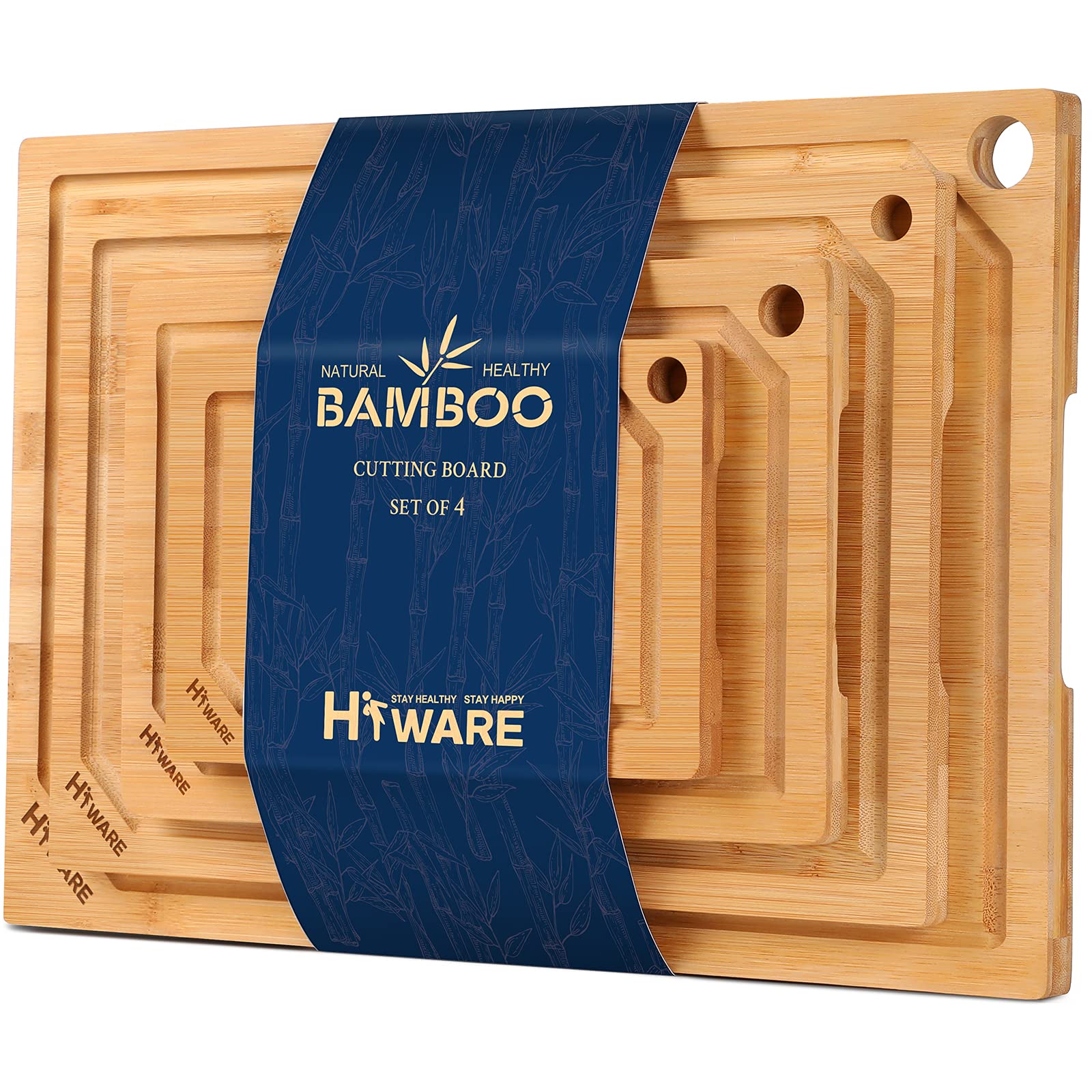Hiware 4-Piece Bamboo Cutting Boards Set for Kitchen, Heavy Duty Cutting Board with Juice Groove, Bamboo Chopping Board Set for Meat, Vegetables - Pre Oiled, Extra Large