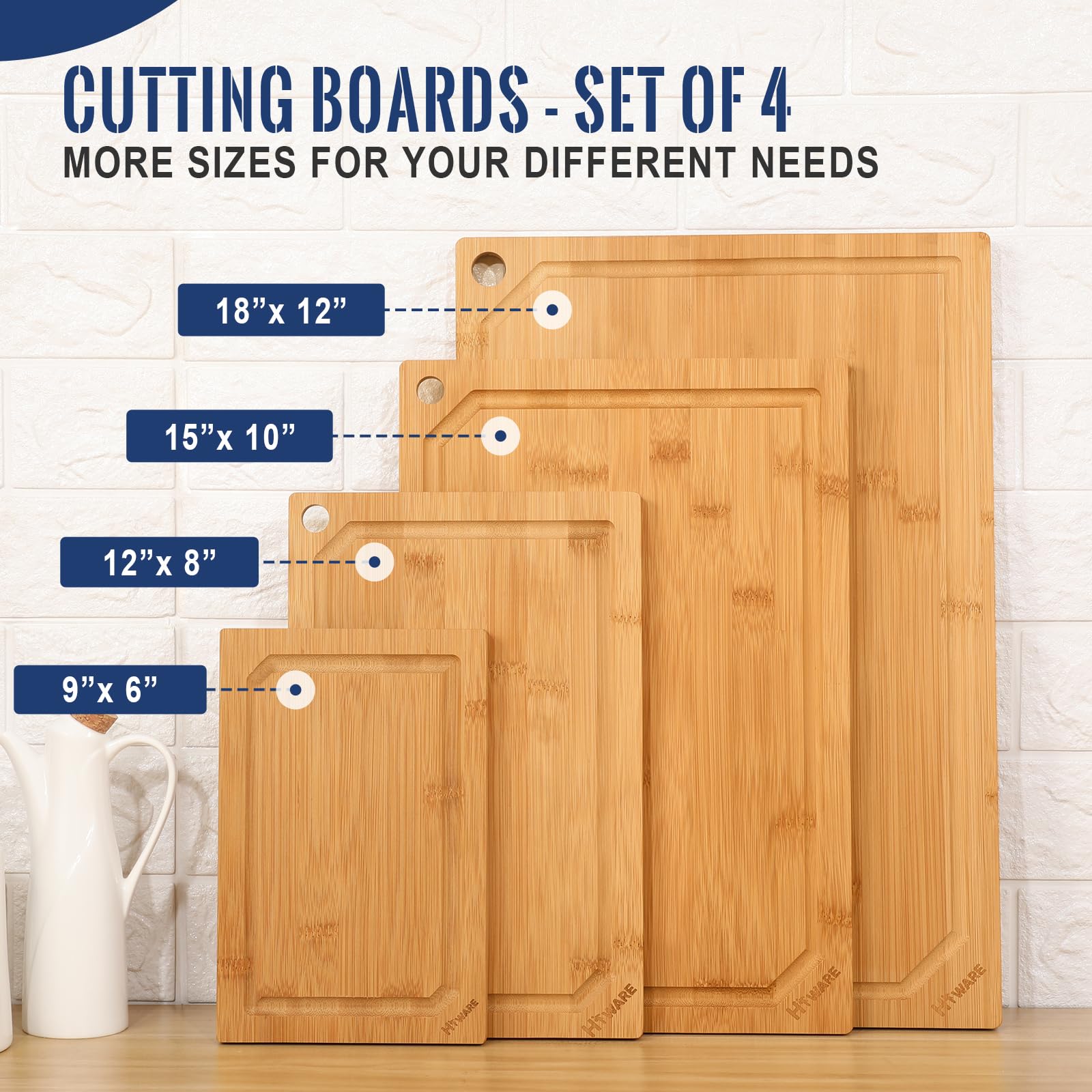 Hiware 4-Piece Bamboo Cutting Boards Set for Kitchen, Heavy Duty Cutting Board with Juice Groove, Bamboo Chopping Board Set for Meat, Vegetables - Pre Oiled, Extra Large