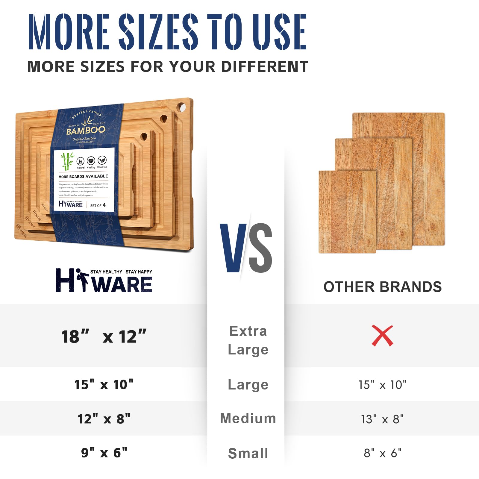 Hiware 4-Piece Bamboo Cutting Boards Set for Kitchen, Heavy Duty Cutting Board with Juice Groove, Bamboo Chopping Board Set for Meat, Vegetables - Pre Oiled, Extra Large