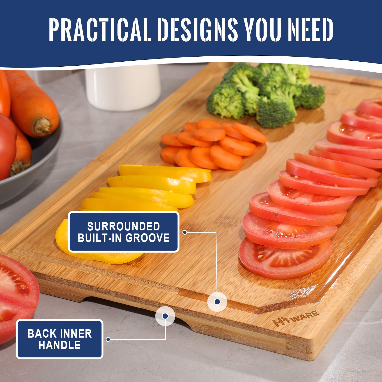 Hiware 4-Piece Bamboo Cutting Boards Set for Kitchen, Heavy Duty Cutting Board with Juice Groove, Bamboo Chopping Board Set for Meat, Vegetables - Pre Oiled, Extra Large