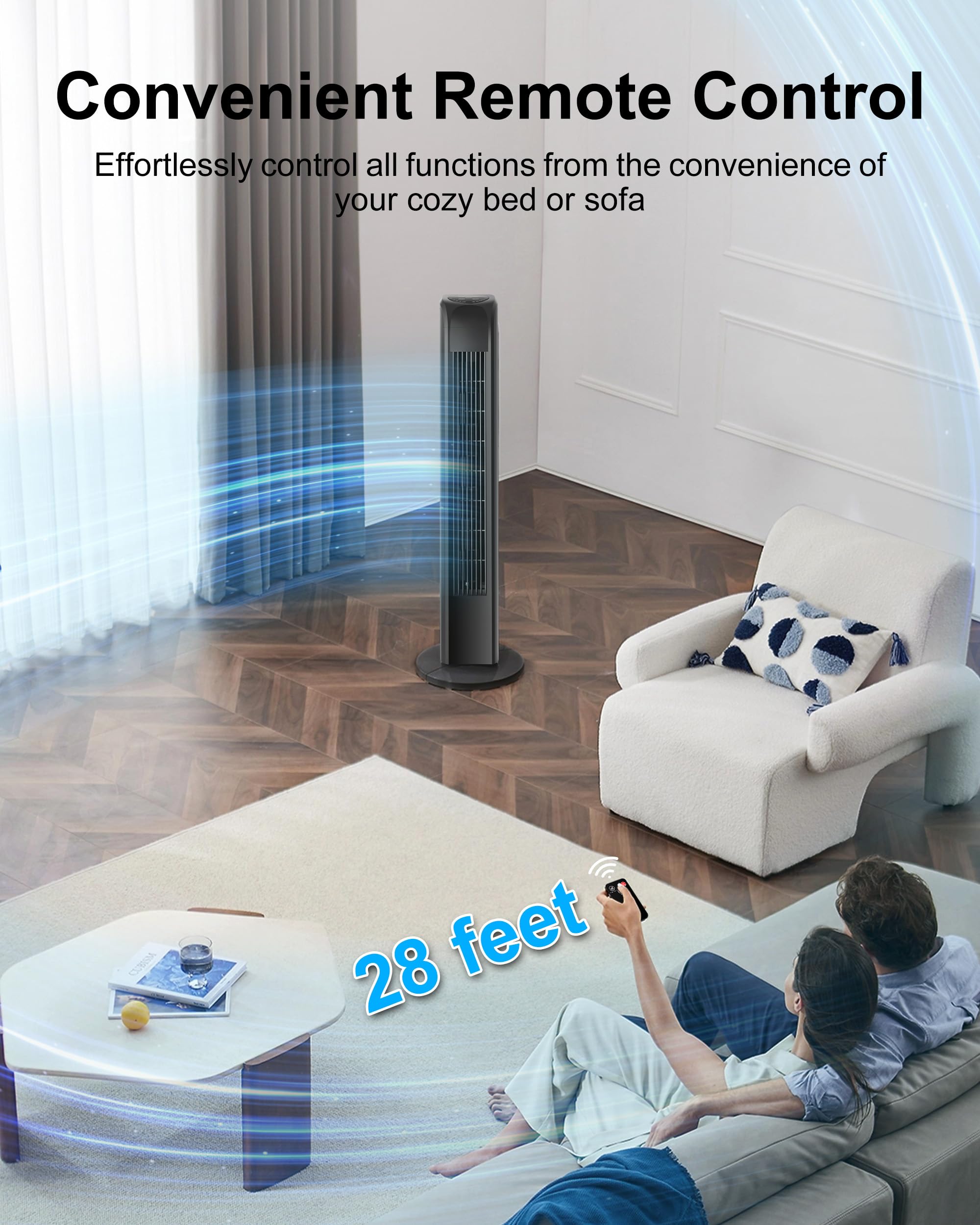 Uthfy Oscillating Tower Fan with Remote, Electric Standing Tower Fan Floor Fan for Bedroom Indoor Office and Home Use,Quiet Cooling Portable Bladeless Tower Fans, 30 inchs, Black Tower Fan