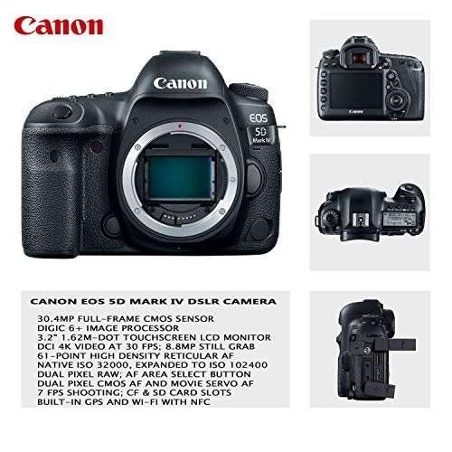 Canon EOS 5d Mark IV DSLR Camera Premium Video Creator Kit with Canon 24-105mm STM Lens + Sony Monitor Series Headphones + Video LED Light + 32gb Memory + Monopod + High End Accessory Bundle (Renewed)