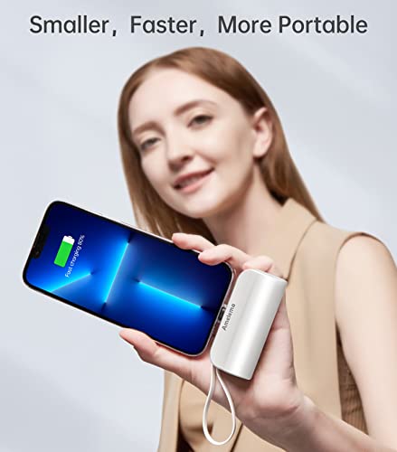 amelema Small Portable Charger for iPhone, 5000mAh Mini Power Bank with Built-in Cable/Metal Stand, Cute Battery Pack Compatible with iPhone 14/14 Plus/Pro Max/13/12/11/XS/XR/X/8/7/Airpods (White)
