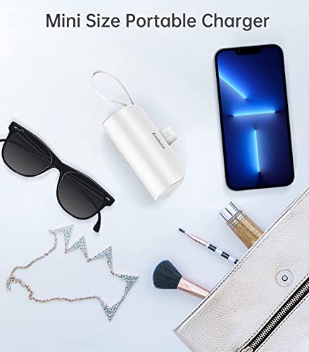 amelema Small Portable Charger for iPhone, 5000mAh Mini Power Bank with Built-in Cable/Metal Stand, Cute Battery Pack Compatible with iPhone 14/14 Plus/Pro Max/13/12/11/XS/XR/X/8/7/Airpods (White)