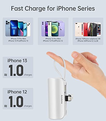 amelema Small Portable Charger for iPhone, 5000mAh Mini Power Bank with Built-in Cable/Metal Stand, Cute Battery Pack Compatible with iPhone 14/14 Plus/Pro Max/13/12/11/XS/XR/X/8/7/Airpods (White)