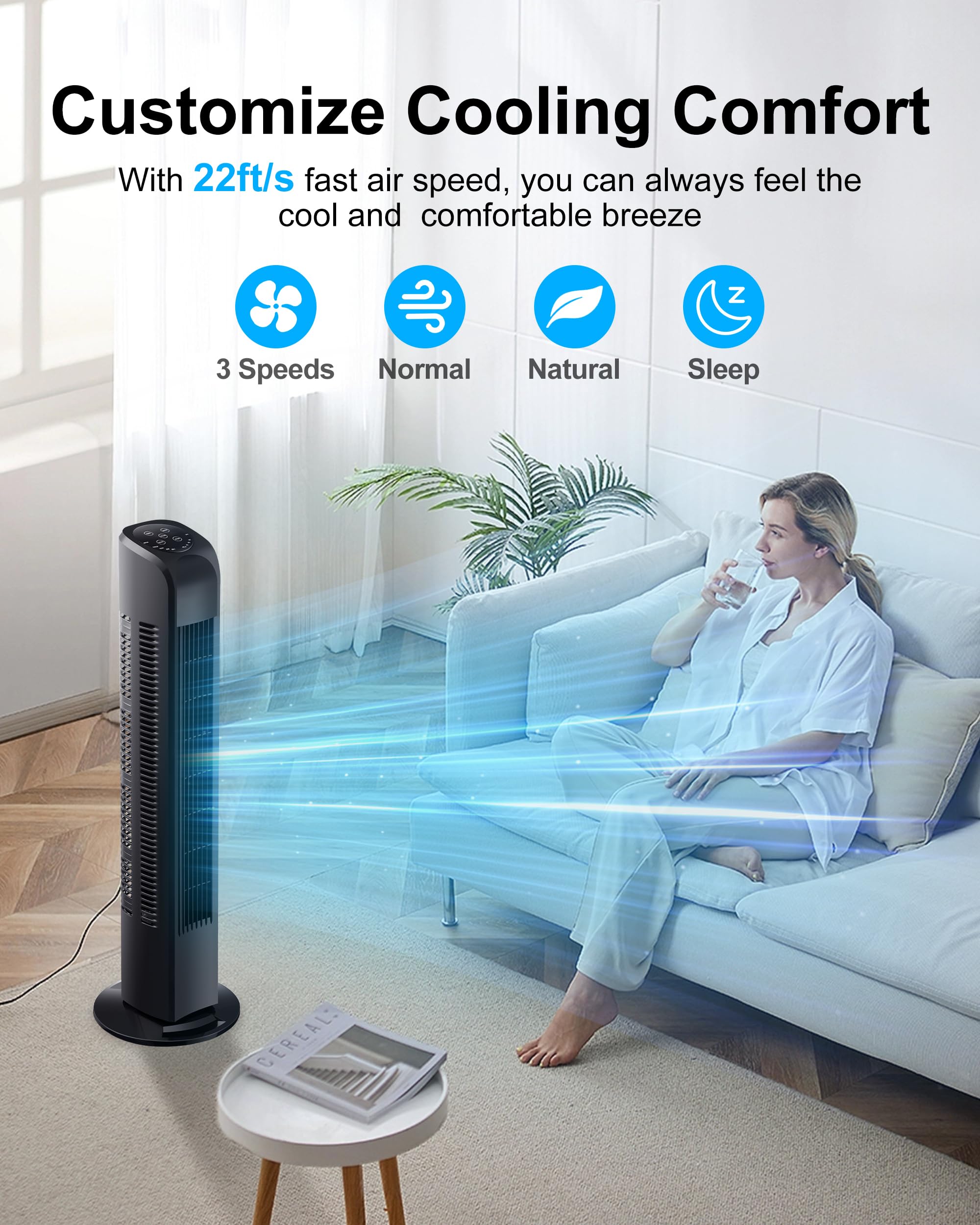Uthfy Oscillating Tower Fan with Remote, Electric Standing Tower Fan Floor Fan for Bedroom Indoor Office and Home Use,Quiet Cooling Portable Bladeless Tower Fans, 30 inchs, Black Tower Fan