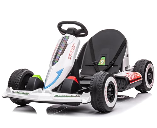 PRIME CLUB 12V Ride on Car Electric Go Kart Adjustable Length Racer Drift Car with Remote Control,Music,Brake and Horn,Electric Car for 37-95 Months Toddler (White)