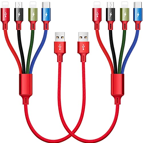 MINLU Short Multi Charging Cable 3A 4 in 1 Multi Fast Charger Cord Multi Charging Cord Multi Cable with IP/Type C/Micro USB Ports for Cell Phones/Tablets/Samsung Galaxy/LG/Huawei & More(1Ft/2Pack)