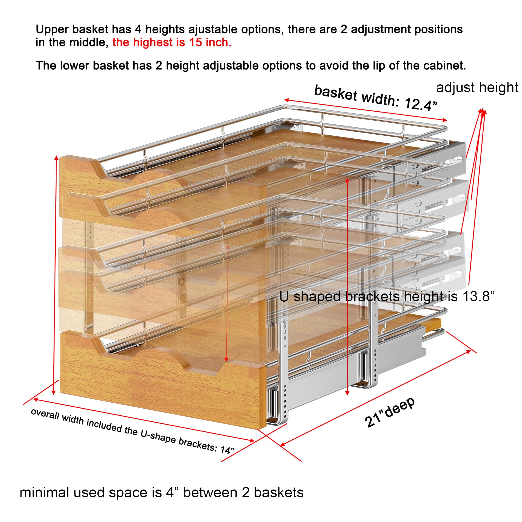 DINDON 2 Tier Pull Out Cabinet Organizer (14" W x 21" D) Slide Out Wood Shelf Double Tier Kitchen Wire Basket with Chrome Finish…