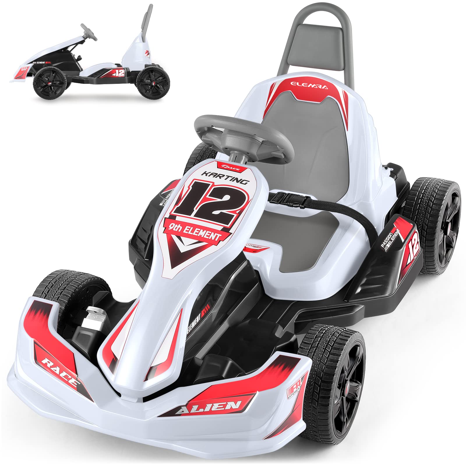 ELEMARA Electric Go Kart for Kids, 12V 2WD Battery Powered Ride On Cars with Parent Remote Control for Boys Girls,Toy Gift Vehicle with 2 Speed,Safety Belt,Music,UP to 70lbs, White