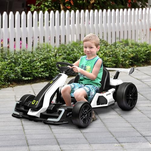 Aosom 24V 7.5 MPH Electric Go Kart with Adjustable Seat, Drifting Car Battery Powered Ride on Toy Outdoor with Slow Start, Button Start, Music, Honking Horn, Lights, for 6-12 Years Old, White