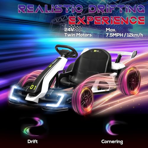 Aosom 24V 7.5 MPH Electric Go Kart with Adjustable Seat, Drifting Car Battery Powered Ride on Toy Outdoor with Slow Start, Button Start, Music, Honking Horn, Lights, for 6-12 Years Old, White