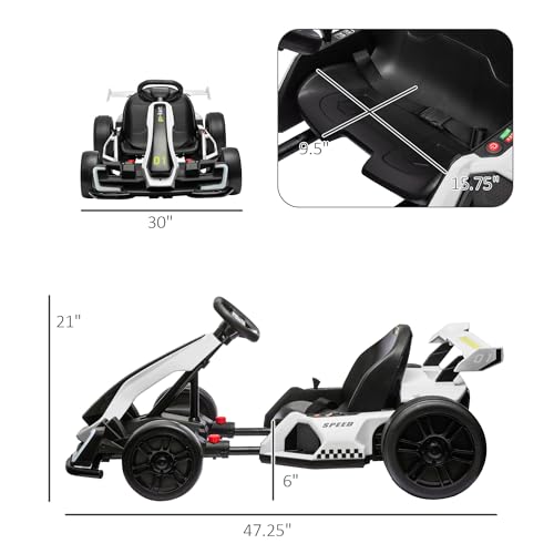 Aosom 24V 7.5 MPH Electric Go Kart with Adjustable Seat, Drifting Car Battery Powered Ride on Toy Outdoor with Slow Start, Button Start, Music, Honking Horn, Lights, for 6-12 Years Old, White