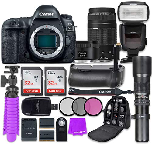 Canon EOS 5D Mark IV Digital SLR Camera with Canon EF 50mm f/1.8 STM Lens + Canon EF 75-300mm f/4-5.6 III Lens + Accessory Bundle (Renewed)
