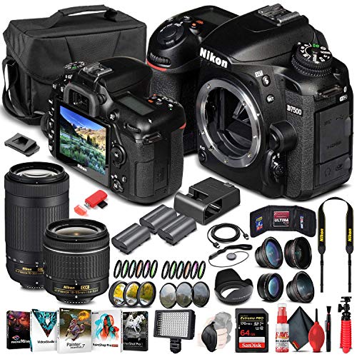 Nikon D7500 DSLR Camera (Body Only) (1581) + Nikon 70-300mm Lens + 18-55mm Lens + 64GB Memory Card + Case + Corel Photo Software + 2 x EN-EL 15 Battery + Card Reader + LED Light + More (Renewed)