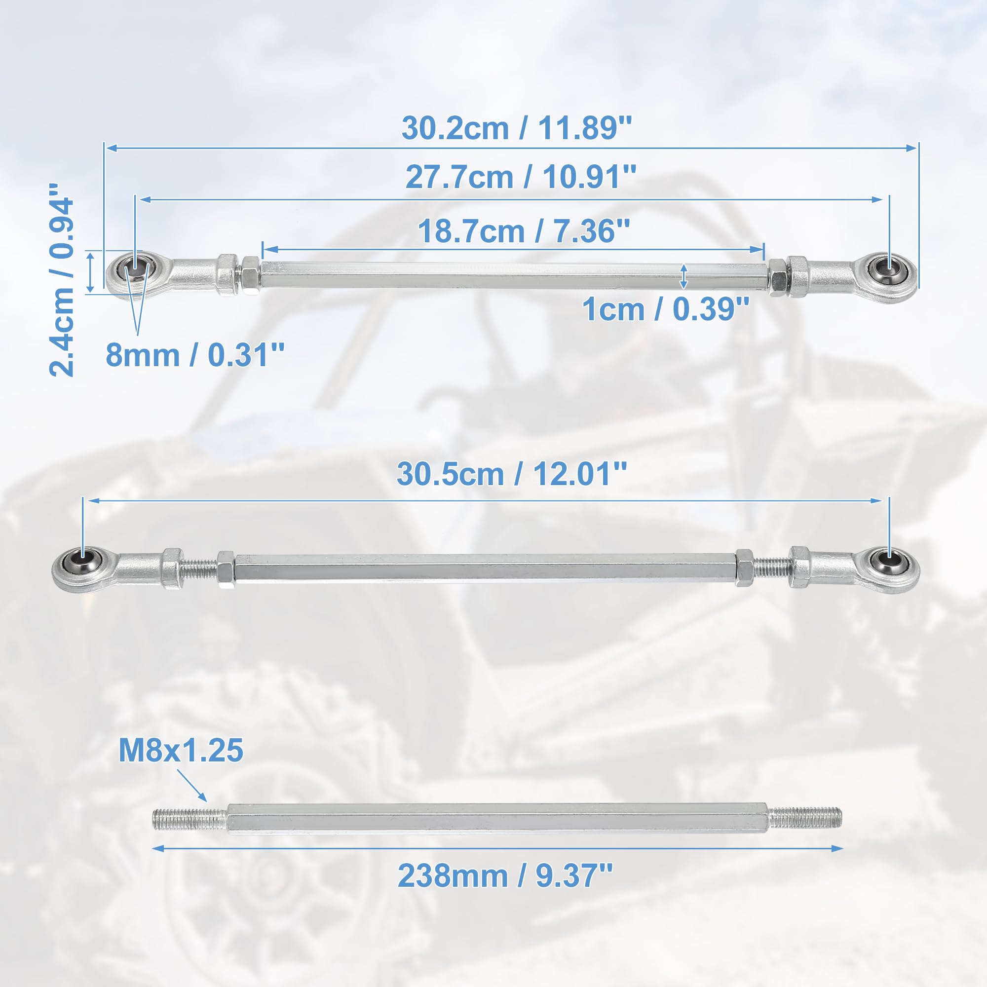 Motoforti 2pcs 238mm Length 8mm Hole Diamete Adjustable Steering Tie Rod Ball Joint for 49cc Electric ATV Go Kart Accessory Steering Column Steering Suspension Silver Tone