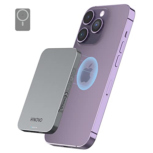 HINOVO Magnetic Power Bank 5000mAh Portable Charger iPhone Compatible for Magsafe 0.35” Battery Pack PD 20W & 15W Wireless Charger for iPhone 14/13/12 Series, Metal Design & Graphene Heat Dissipation