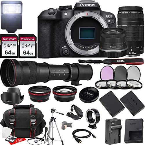 Canon EOS R10 Mirrorless Camera w/RF-S 18-45mm f/4.5-6.3 is STM Lens + EF 75-300mm f/4-5.6 III Lens + 420-800mm f/8.3 HD Telephoto Lens + 2X 64GB Memory + Case + Filters + Tripod & More (35pc Bundle)