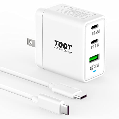 USB C Charger 65W PD 3.0 GaN Charger Type C Foldable Adapter with 3-Port Fast Wall Charger Compatible with iPhone 14/13/12 Pro/11, iPad Pro,3,Samsung, MacBook Pro/Air, Laptops(with USB C to C Cable)