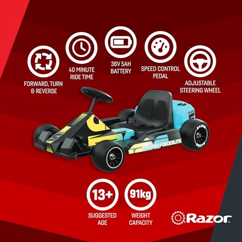 Razor Ground Force Elite-Electric Go-Kart for Ages 13+, Up to 14 MPH, Up to 40 Minutes of Continuous Use, 350-watt Chain-Driven Motor, Forward/Reverse Drive Switch, 36V Rechargeable Battery,Black, Large