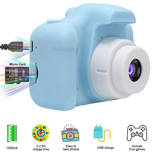 Alician Children Camera, Digital Kids Camera Selfie Camera, Mini SD Video Smart Shooting Digital Camera with 8GB Memory Card for Girls Boys Blue