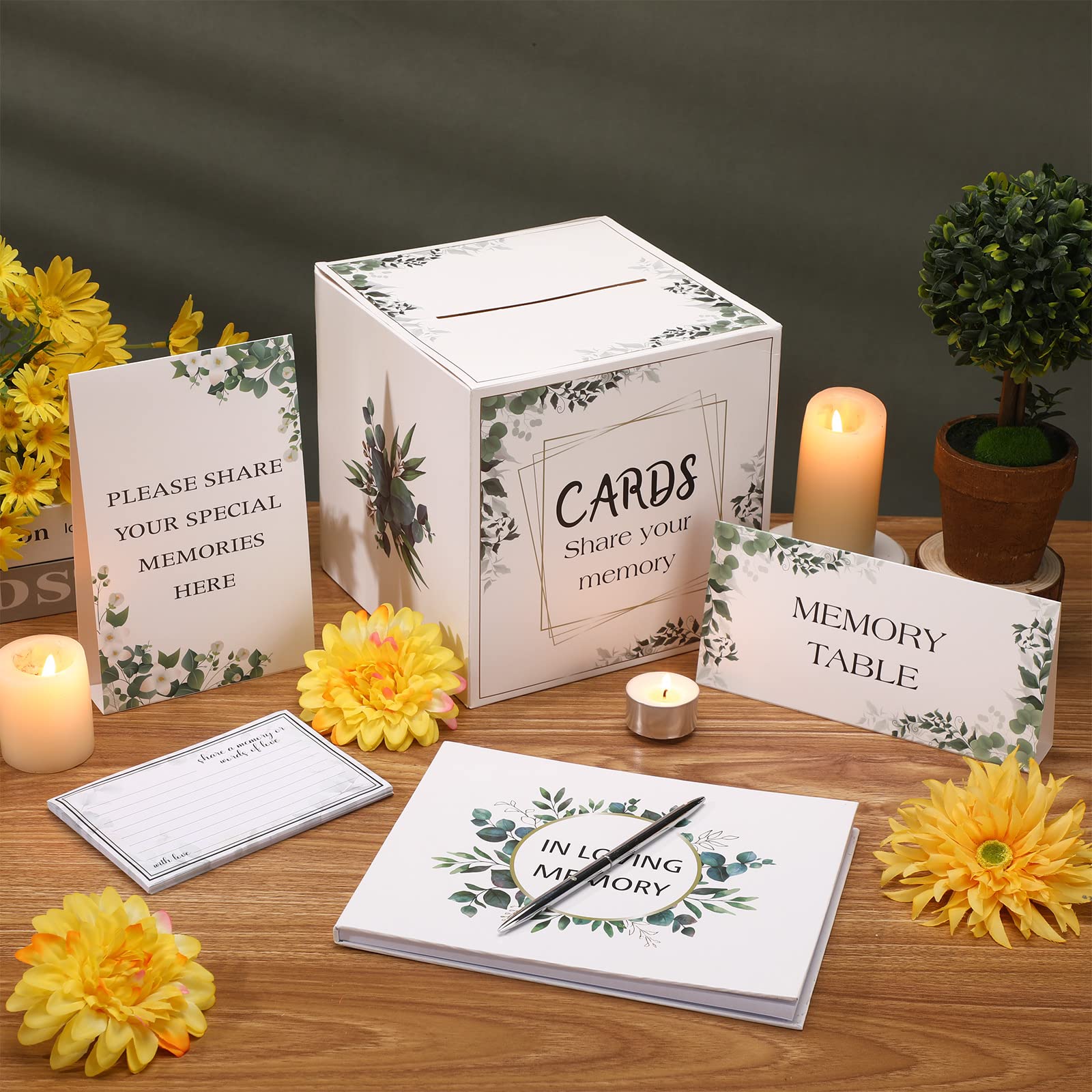 Funeral Guest Book for Memorial Service, Celebration of Life Guest Book Memory Cards Box 50 Pcs Share a Memory Card 2 Pcs Table Display Sign and Pen for Funeral Remembrance Party (Fresh Style)
