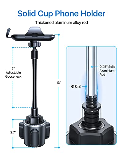 andobil Cup Holder Phone Mount, [Military-Grade, Super Stable] Adjustable Height Solid Long Gooseneck Cup Cell Phone Holder for Car Truck with Quick Swivel Compatible with iPhone 14 13 12 Pro Max