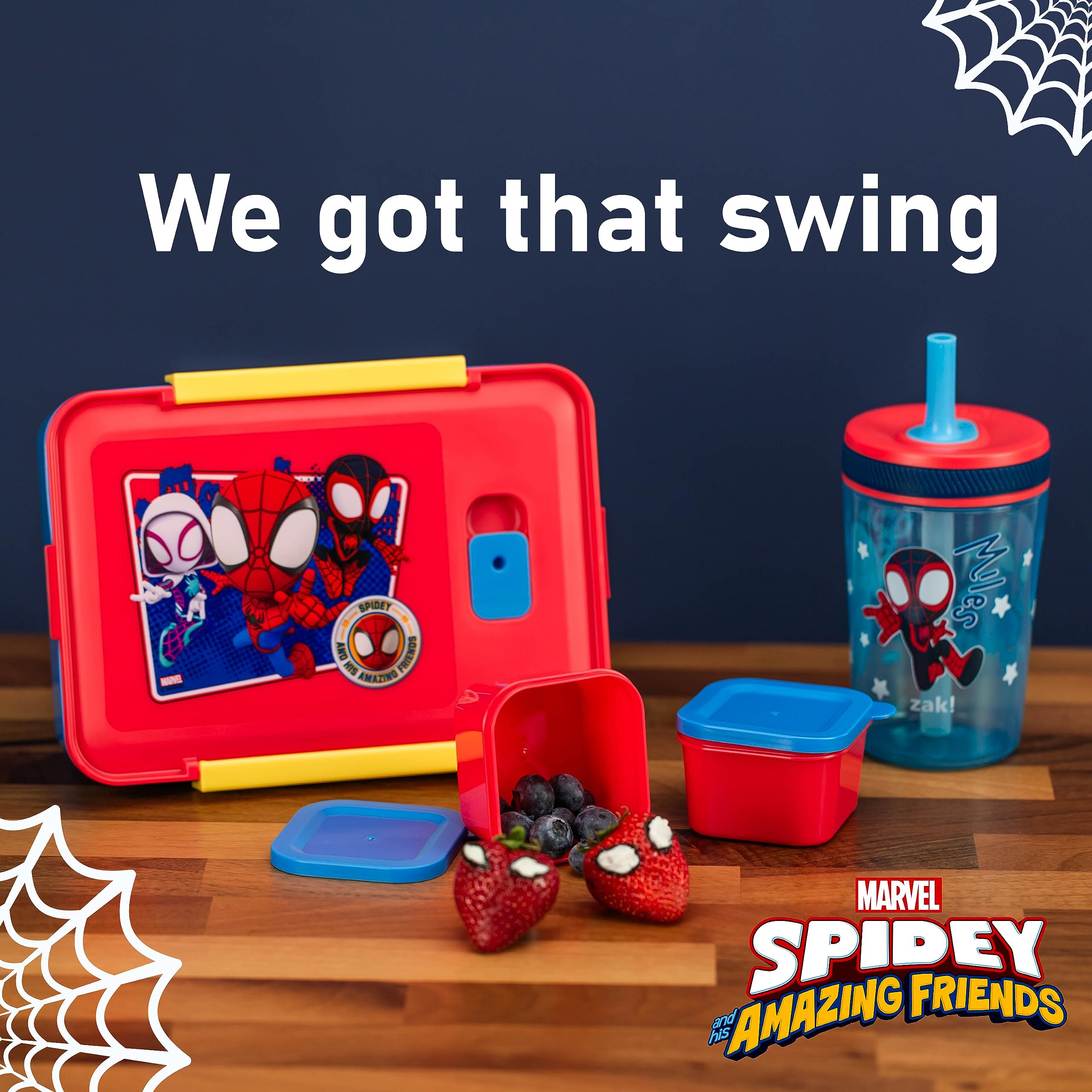 Zak Designs Spidey And His Amazing Friends Reusable Plastic Bento Box with Leak-Proof Seal, Carrying Handle, Microwave Steam Vent, and Individual Containers for Kids' Packed Lunch