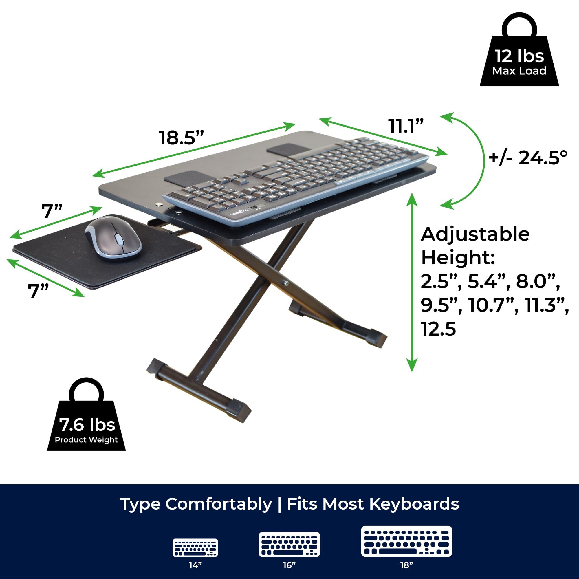 KT3 Ergonomic Computer Keyboard Stand Adjustable Height Angle Negative Tilt for standing up raise keyboards to standing height sit stand up on desk riser holder tray platform lift above desk black