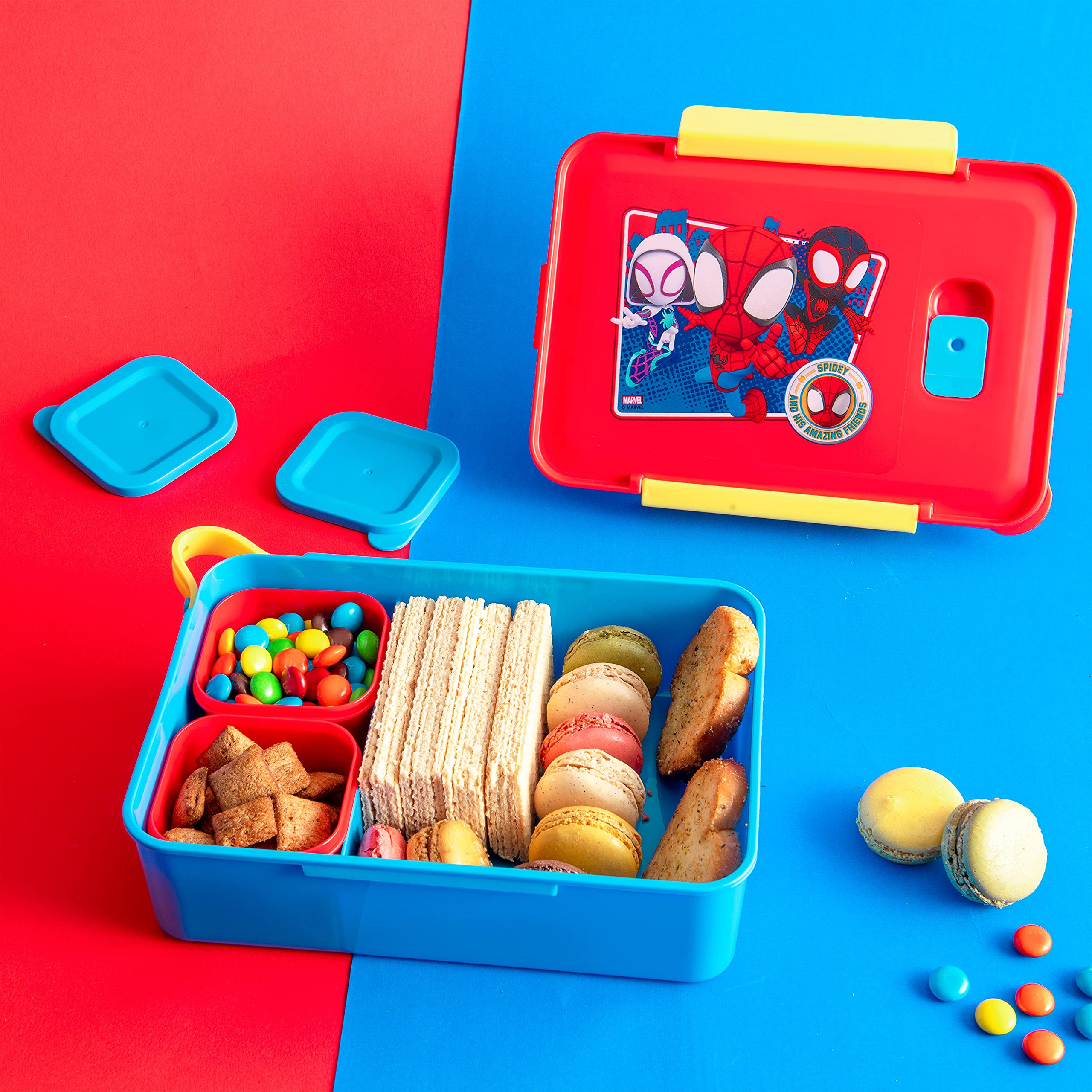 Zak Designs Spidey And His Amazing Friends Reusable Plastic Bento Box with Leak-Proof Seal, Carrying Handle, Microwave Steam Vent, and Individual Containers for Kids' Packed Lunch