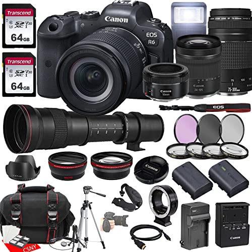 Canon EOS R6 Mirrorless Camera w/RF 24-105mm f/4-7.1 is STM + EF 75-300mm f/4-5.6 III + EF 50mm f/1.8 STM + 420-800mm f/8.3 HD Lenses + 2X 64GB Memory + Case + Filters + Tripod & More (35pc Bundle)
