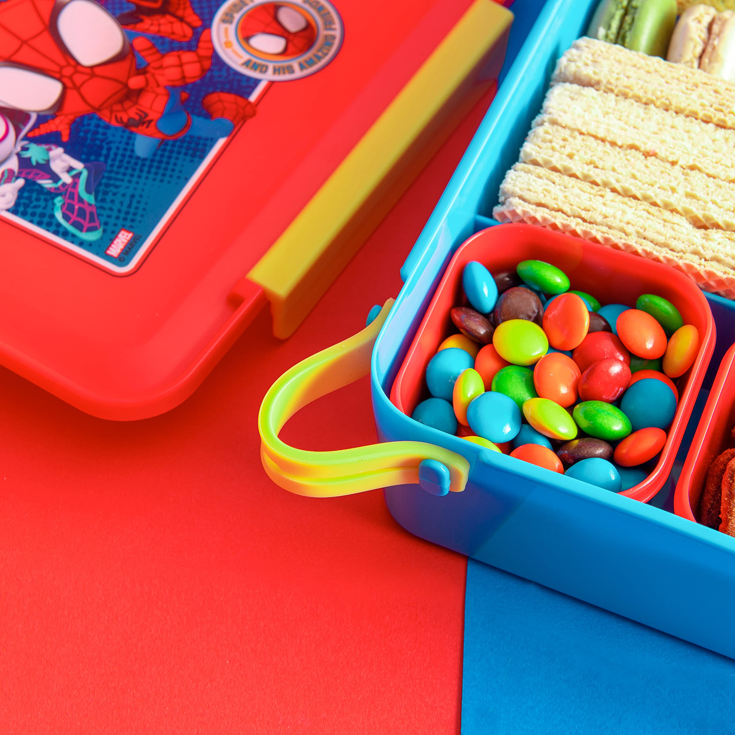Zak Designs Spidey And His Amazing Friends Reusable Plastic Bento Box with Leak-Proof Seal, Carrying Handle, Microwave Steam Vent, and Individual Containers for Kids' Packed Lunch