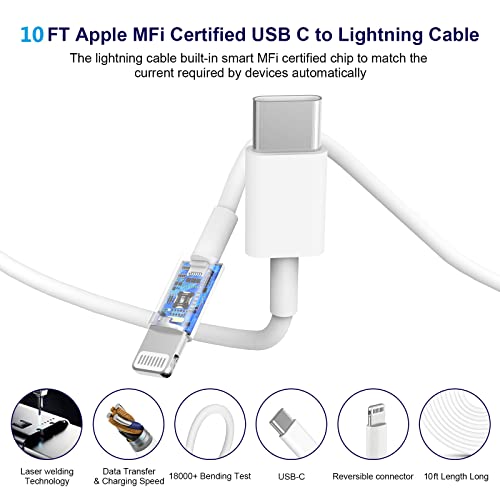 iPhone Fast Charger, [Apple MFi Certified] 2 Pack 20W USB C Power Delivery Wall Charger Block with 10FT Extra Long Type C to Lightning Fast Charging Data Sync Cable for iPhone 14 13 12 11 XS XR X iPad