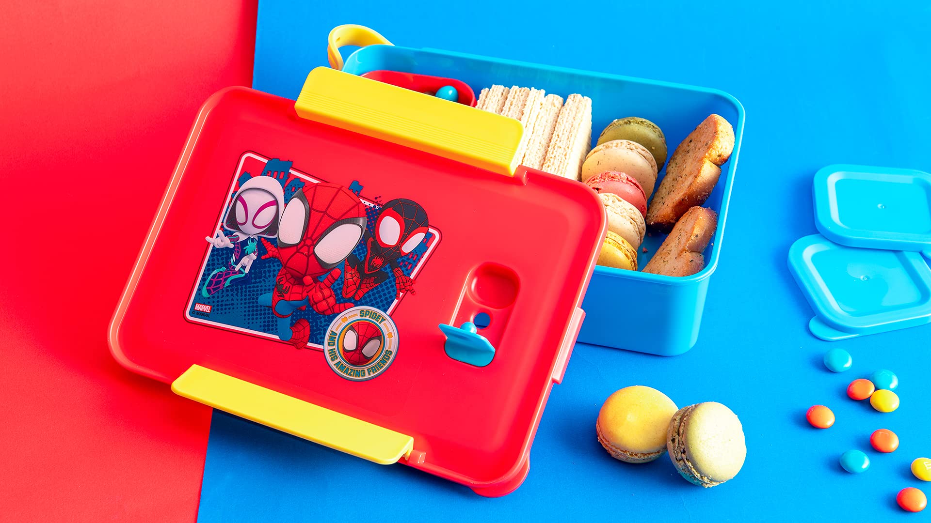 Zak Designs Spidey And His Amazing Friends Reusable Plastic Bento Box with Leak-Proof Seal, Carrying Handle, Microwave Steam Vent, and Individual Containers for Kids' Packed Lunch