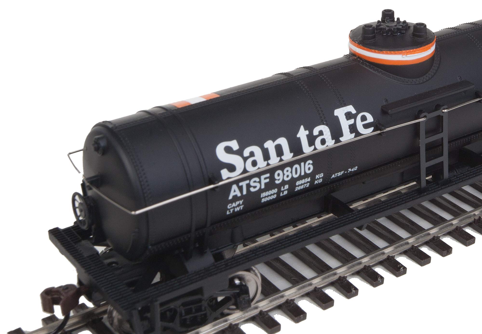 Walthers Trainline HO Scale Model Santa Fe Tank Car, Black/Orange/White