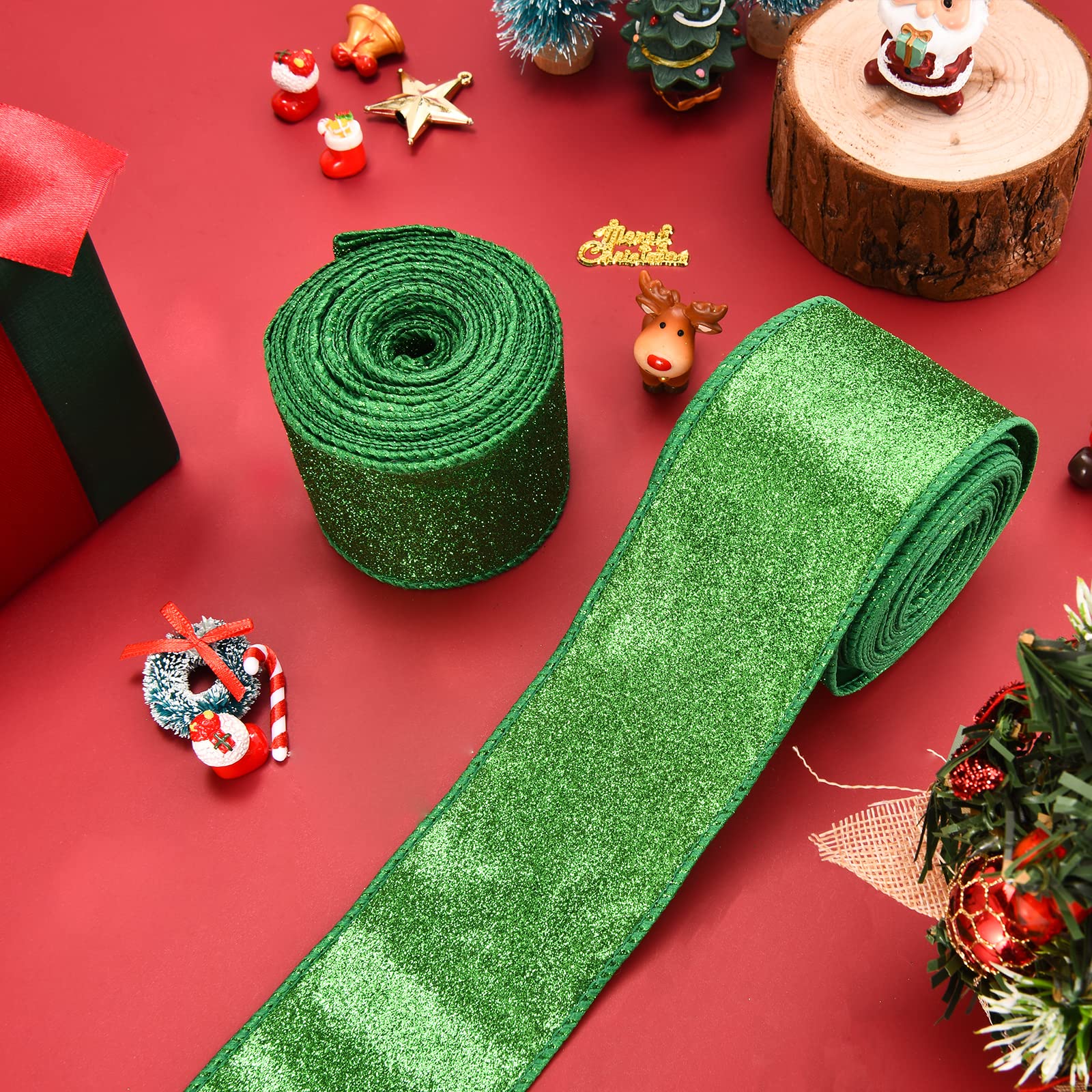 2 Rolls St. Patrick's Day Green Glitter Ribbon for Gift Wrapping, Green Shiny Curling Wired Edge Ribbon for Christmas Tree Wreath DIY Crafts Home Party Holiday Decoration, 2.5" x 10 Yd x 2 / Green