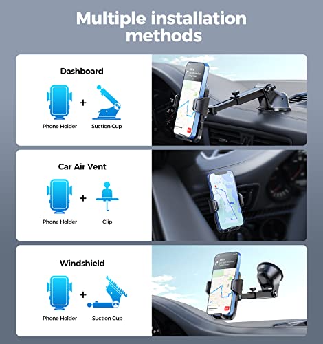 ADIUPUL Car Phone Holder Mount, Phone Mounts for Car (Bumpy Roads Friendly) 3 in 1 Universal Car Mount, Easy Clamp Hands Free Universal Fit for Dashboard Windshield Vent iPhone Samsung and More Phones