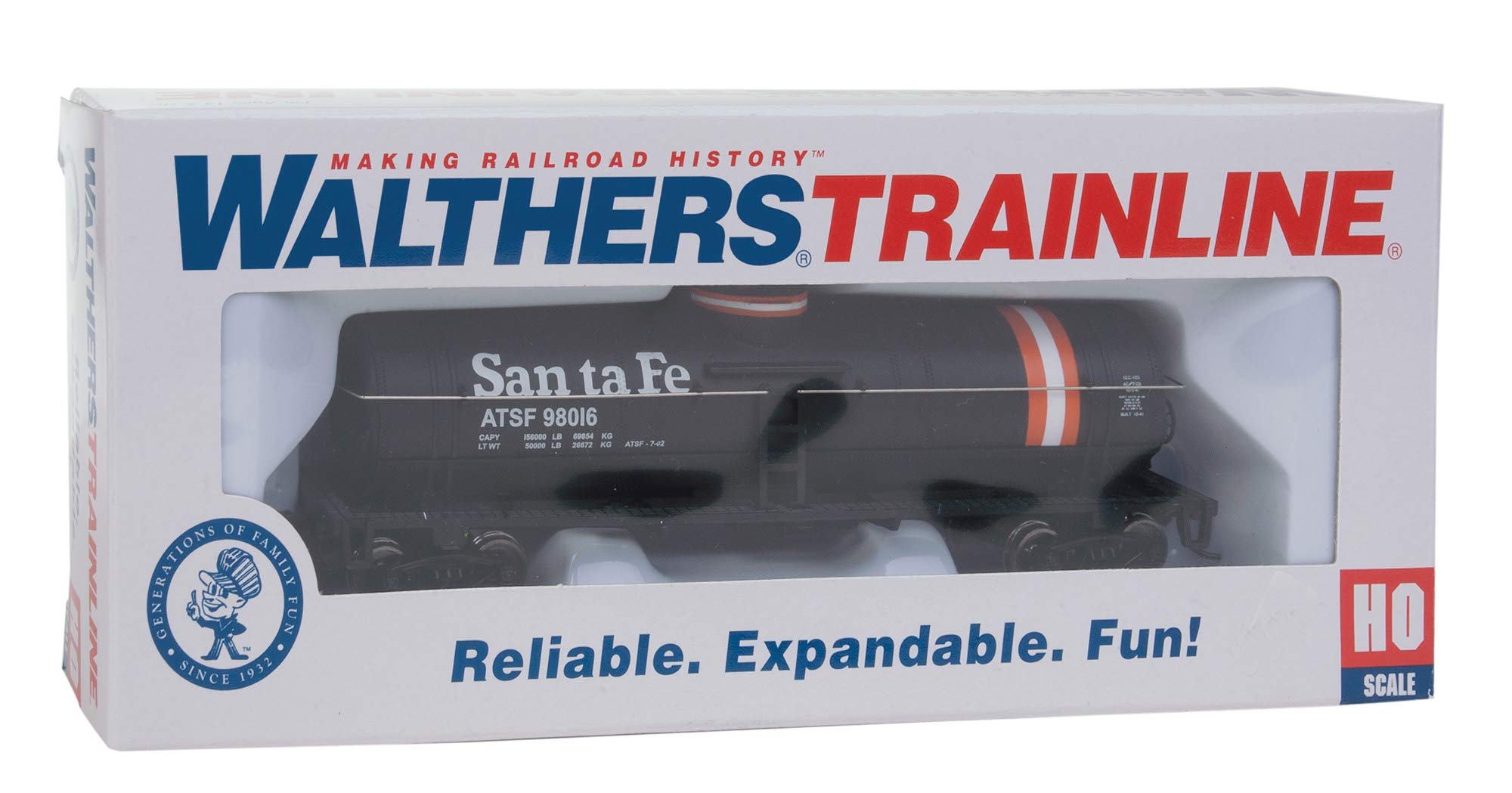 Walthers Trainline HO Scale Model Santa Fe Tank Car, Black/Orange/White