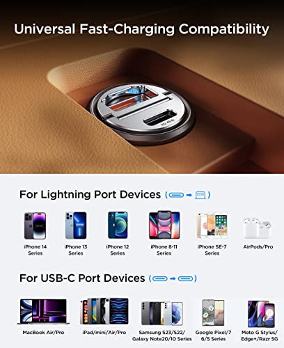 90W USB C Car Charger,[Super Mini Metal] USB C Car Charger Fast Charging Adapter PD+QC3.0 Dual Port MRGLAS Type C Car Cigarette Lighter USB Charger Compatible iPhone 14 13 Pro Max iPad Samsung Macbook