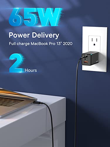 Baseus USB C Charger, 65W 3 Port Foldable USB C Wall Charger, Fast PD GaN Charger for iPhone 14/14 pro/13 Pro/13 Pro Max/SE/Mini/11/XR/XS, Steam Deck, Samsung S22+/S22, MacBook, iPad, Pixel 6, Black