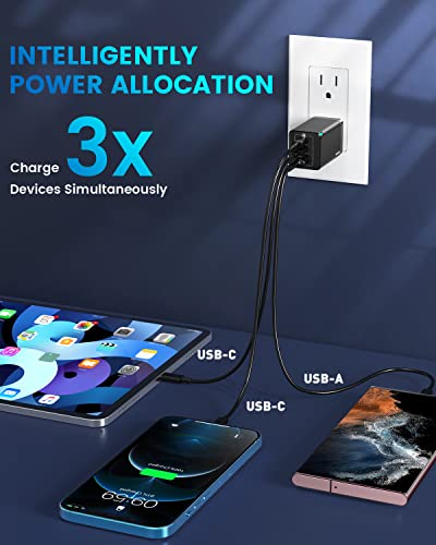 Baseus USB C Charger, 65W 3 Port Foldable USB C Wall Charger, Fast PD GaN Charger for iPhone 14/14 pro/13 Pro/13 Pro Max/SE/Mini/11/XR/XS, Steam Deck, Samsung S22+/S22, MacBook, iPad, Pixel 6, Black
