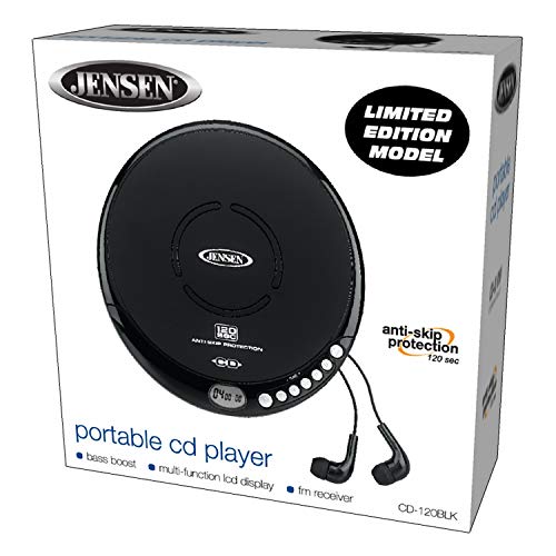 Jensen Portable CD-120BK Portable Personal CD Player Compact 120 SEC Anti-Skip CD Player β Lightweight & Shockproof Music Disc Player & FM Radio Pro-Earbuds for Kids & Adults