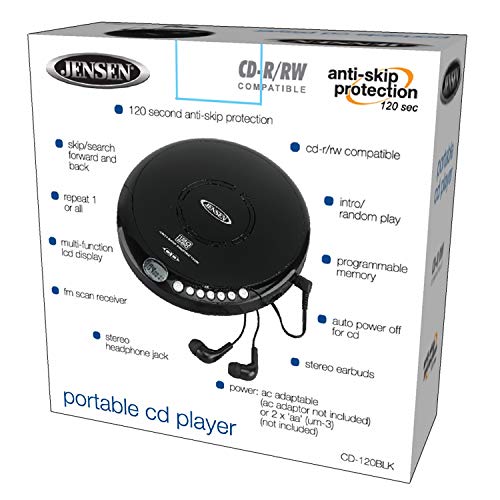 Jensen Portable CD-120BK Portable Personal CD Player Compact 120 SEC Anti-Skip CD Player β Lightweight & Shockproof Music Disc Player & FM Radio Pro-Earbuds for Kids & Adults