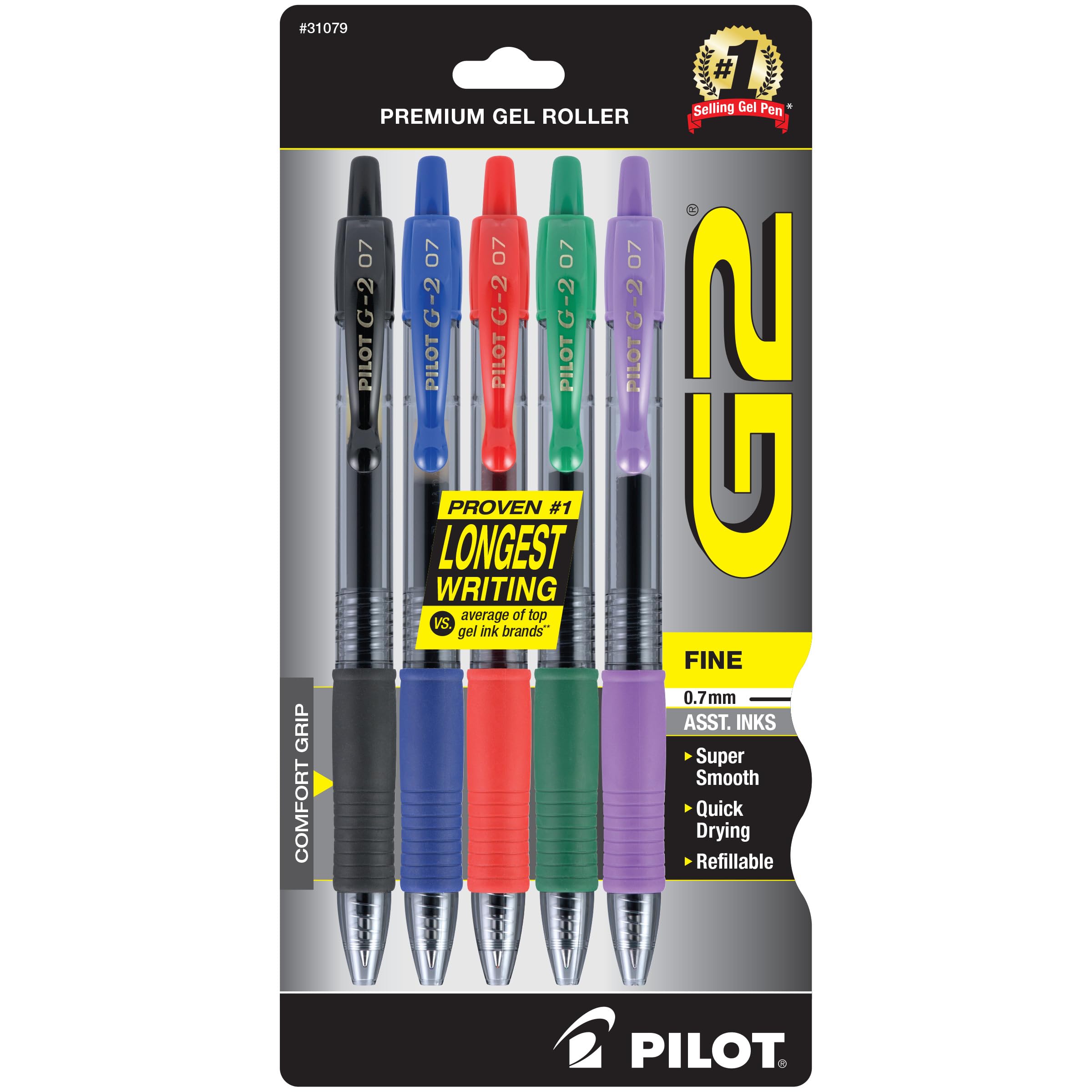 PILOT G2 Premium Refillable and Retractable Rolling Ball Gel Pens, Fine Point, Black/Blue/Red/Green/Purple Inks, 5-Pack (31079)