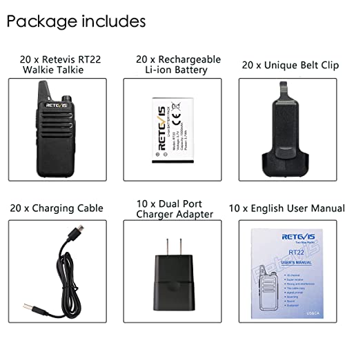 Retevis RT22 Walkie Talkies Mini, Rechargeable Two Way Radio Long Range, 2 Way Radio Small, Portable VOX, for Business Commercial Work School Church Restaurant (20 Pack,Black)