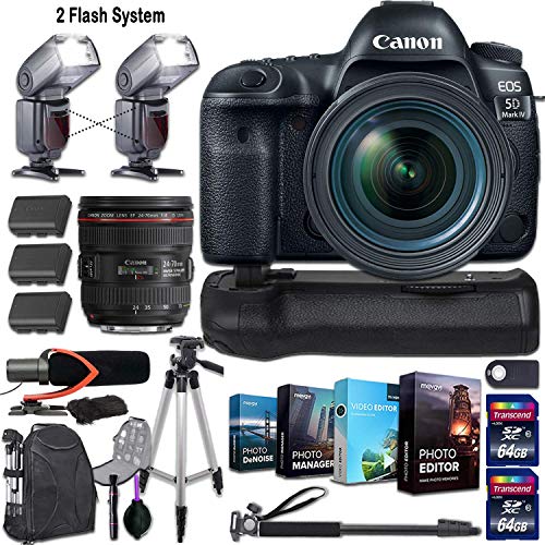Canon EOS 5D Mark IV DSLR Camera and Canon EF 24-70mm f/4L is USM Lens + 2 Flash System with Deluxe Accessory Kit (4-Pack Photo/Video Editing Software, Pro Microphone w/Windshield and More) (Renewed)
