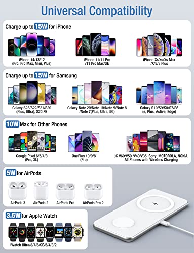 2 in 1 Wireless Charger, 15W Dual Wireless Charging Pad for iPhone 14/14 Pro/13/13 Pro/12/12 Pro/11/X/8, Samsung S23/S22/ S21/ Note 20, Airpods 3/2/Pro, iWatch 8/7/6/SE /5/4/ 3/2(with QC 3.0 Adapter)