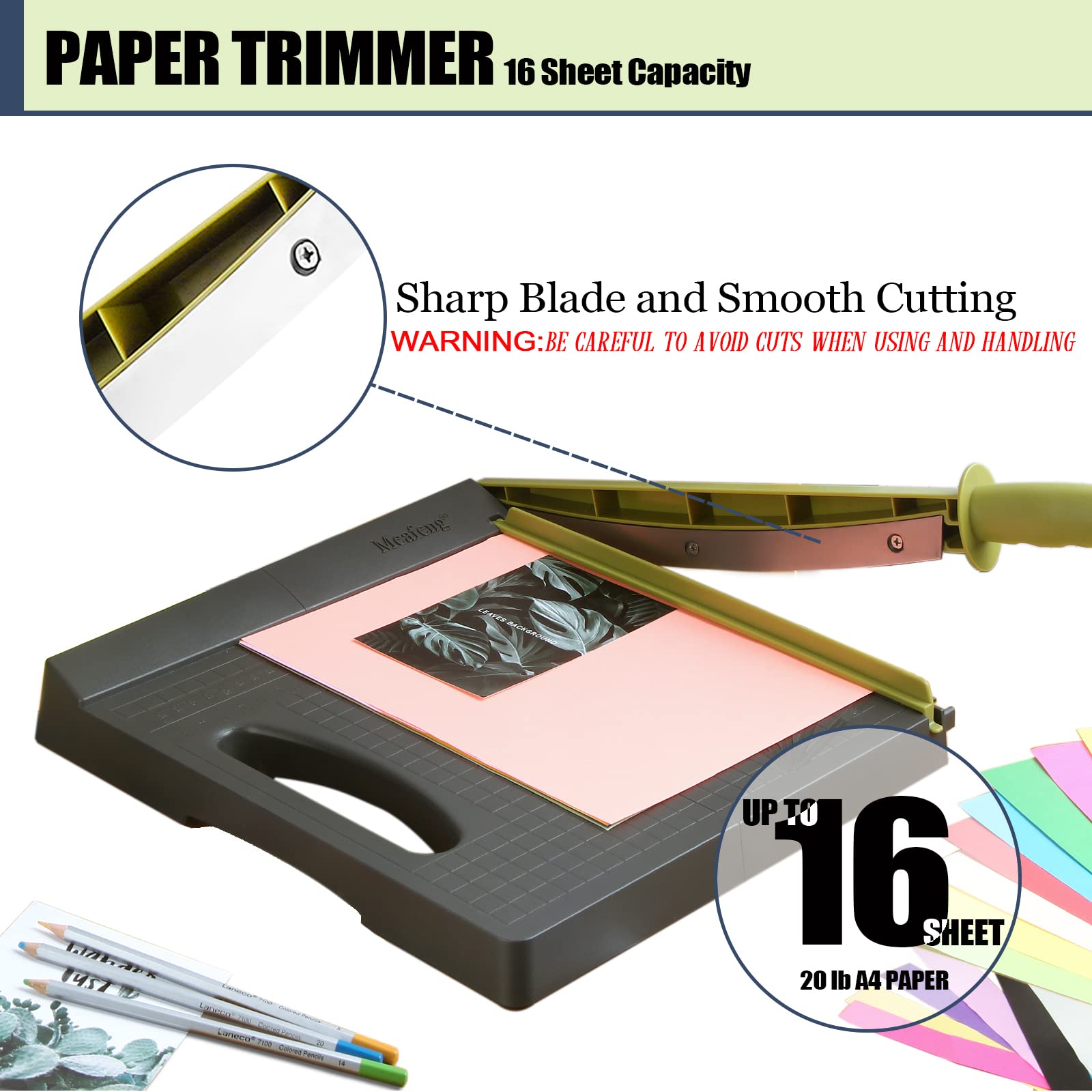 12" Cut Length Guillotine Paper Trimmer, 16 Sheets Capacity Paper Cutter for Paper Photo Card Stock,Handhold Folding Gridded Photo Cutter