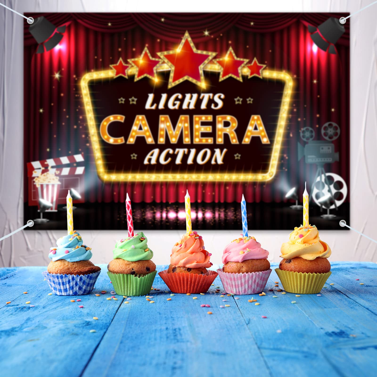 HAMIGAR 6x4ft Lights Camera Action Banner Backdrop - Movie Night Theater Birthday Decorations Party Supplies - Red