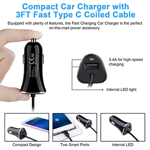 Fast Car Charger Pixel 7 Type C Car Plug Android USB C Cigarette Lighter Car Adapter Fast Charging C Coiled Cable for Samsung Galaxy A14 5G/S23/A54/A34/A23/Z Fold 4/A13/S21 FE/A53/A03s,Pixel 7 Pro/6a
